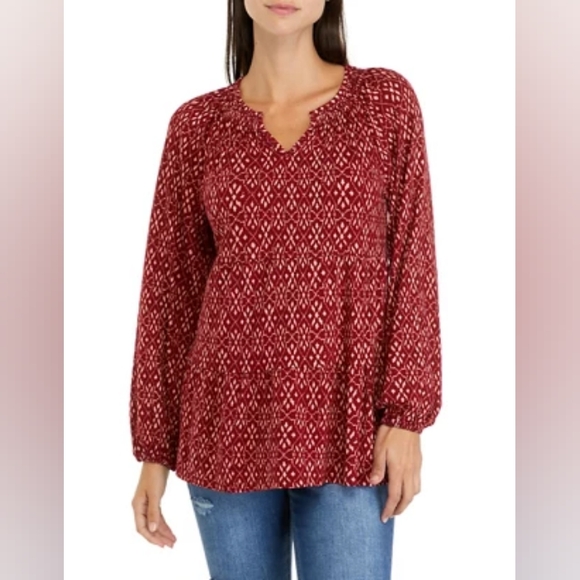 Wonderly | Tops | Petite Long Sleeve Smocked Split Neck Tiered Tunic Top | Poshmark